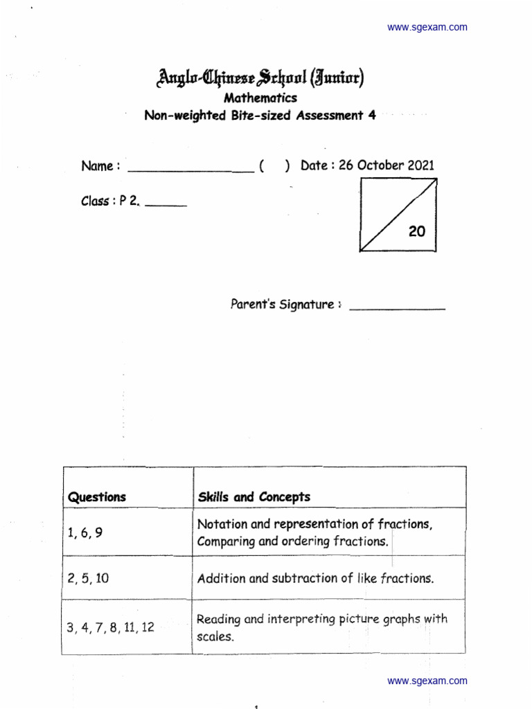 2021-P2-Maths-Bite Sized Assessment 4-ACSJ | PDF