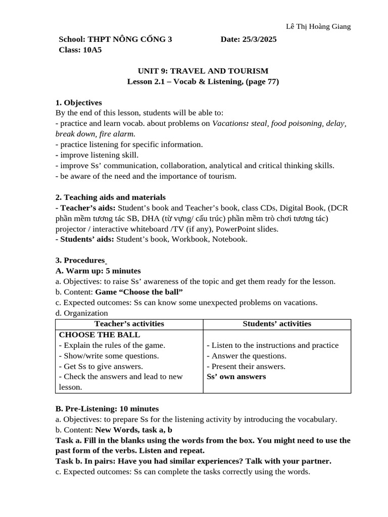 Travel Problems Vocabulary Lesson Plan | PDF | Linguistics | Learning