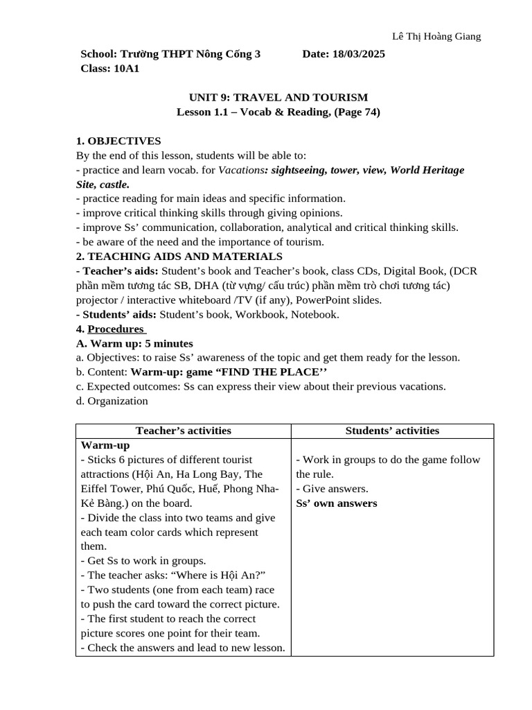 Travel and Tourism Lesson Plan | PDF | Cognition | Human Communication