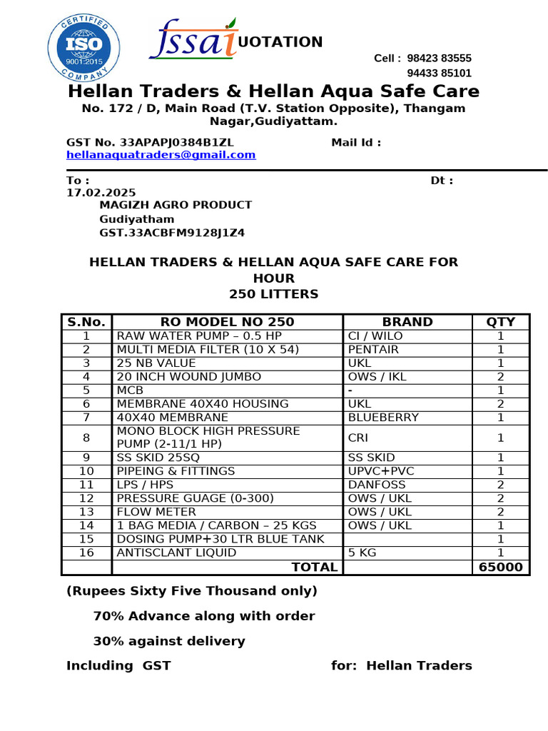 Quotation for Water Treatment Equipment | PDF