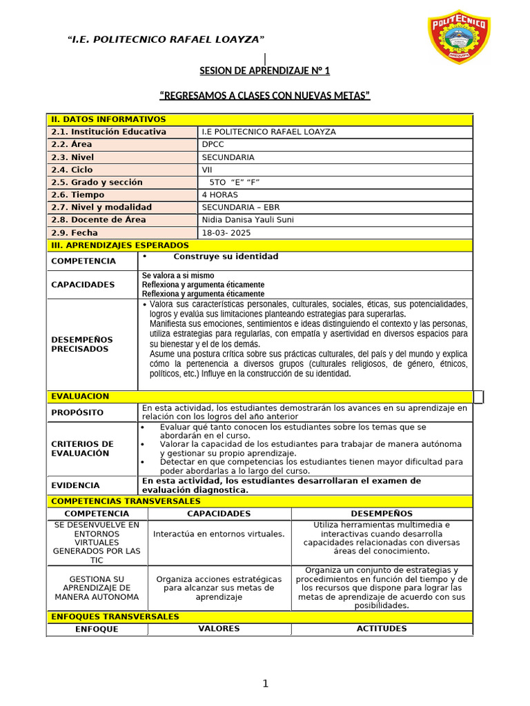 Sesion N 1 Unidad 0 DPCC | PDF | Enseñando | Aprendizaje