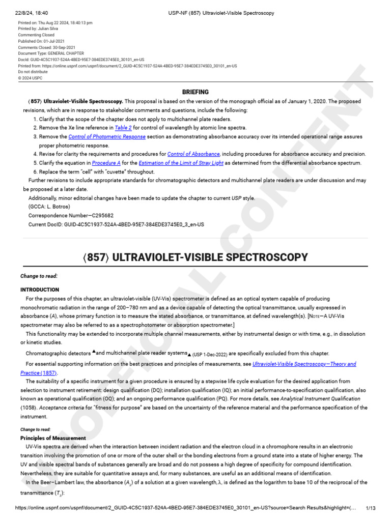 USP-NF 857 Ultraviolet-Visible Spectros | PDF | Ultraviolet–Visible ...