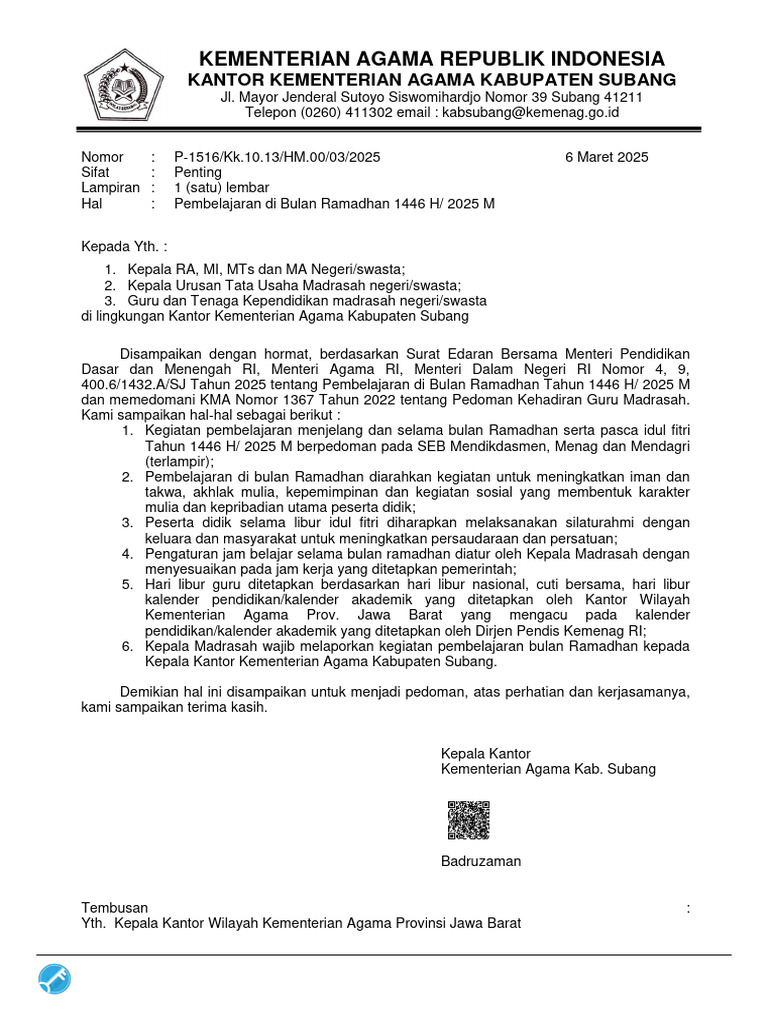 Penmad - SE Pembelajaran Madrasah Ramadhan 1446 H (Lampiran) | PDF