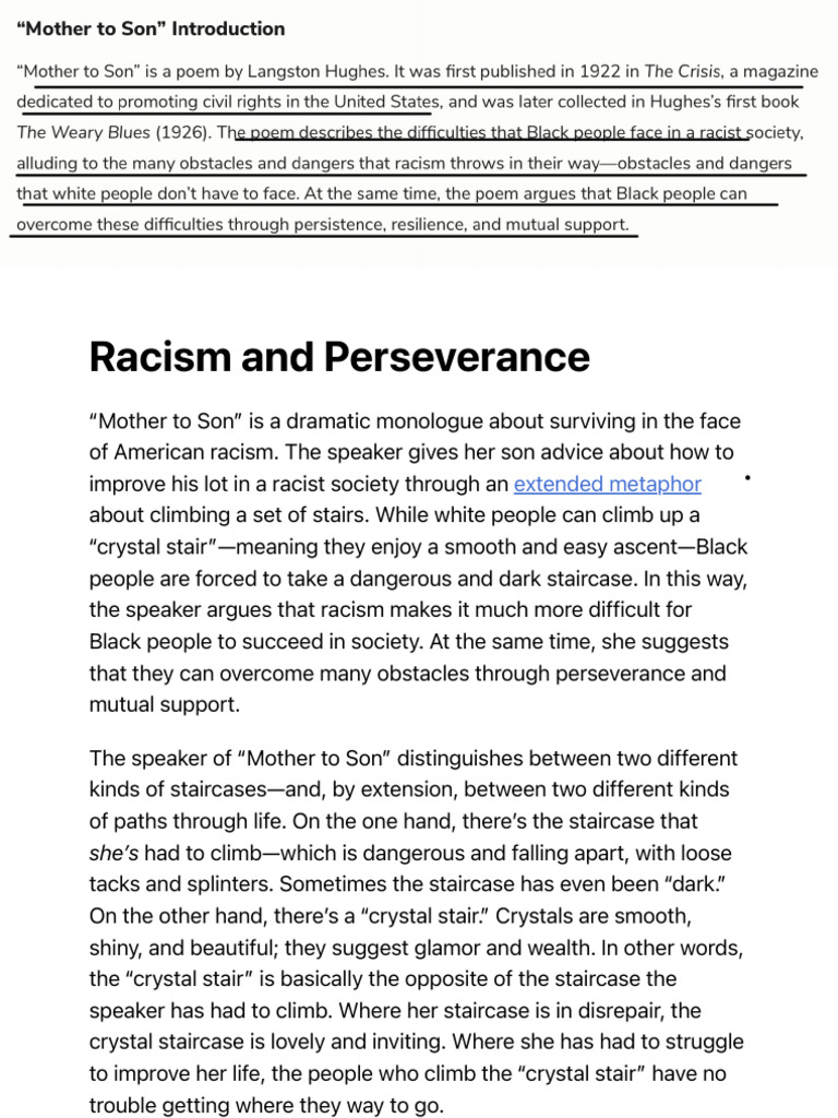 Mother to Son Poem Summary | PDF