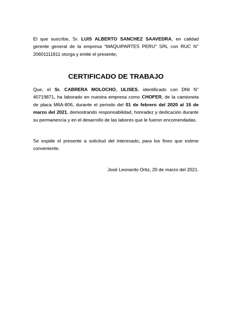 Certificado de Trabajo Ulises | PDF