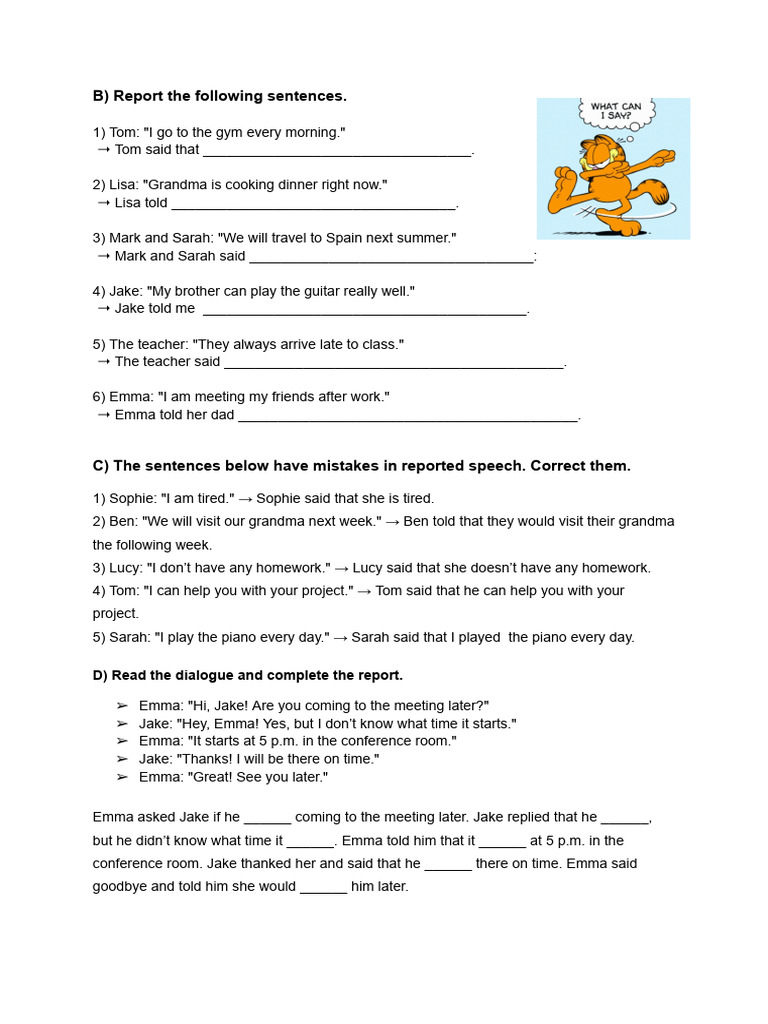 Reported Speech Exercises and Corrections | PDF