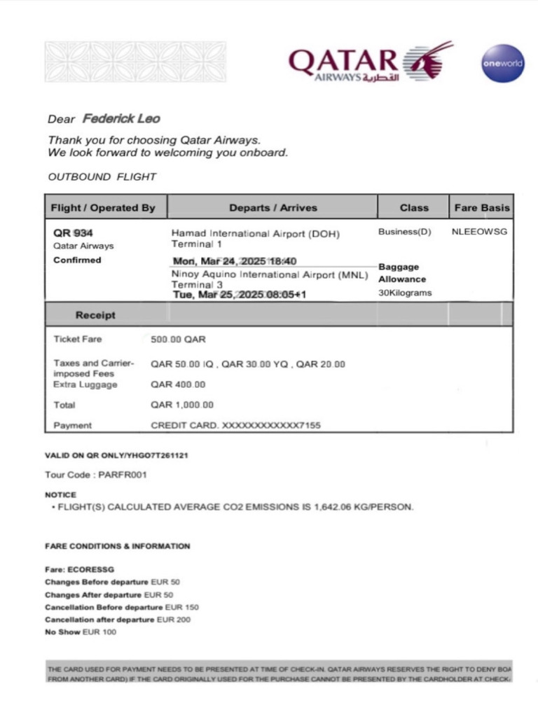Qatar Flight Ticket Confirmed | PDF