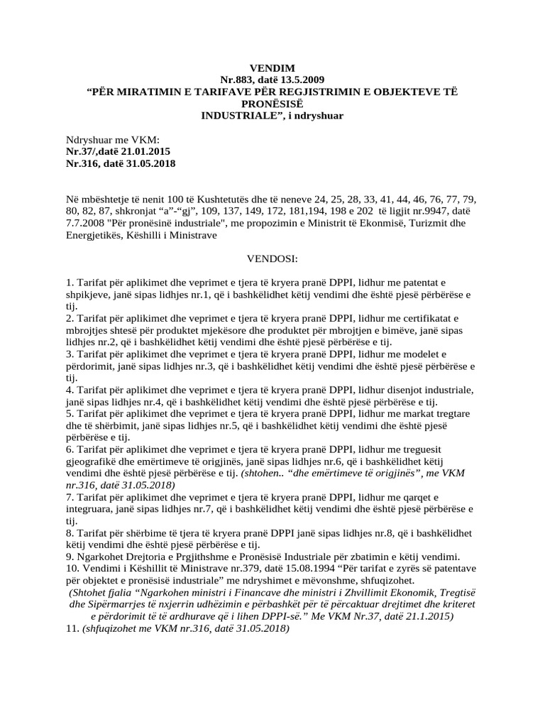 18.Vkm Tarifa Ndryshuar Me VKM 3162018 | PDF