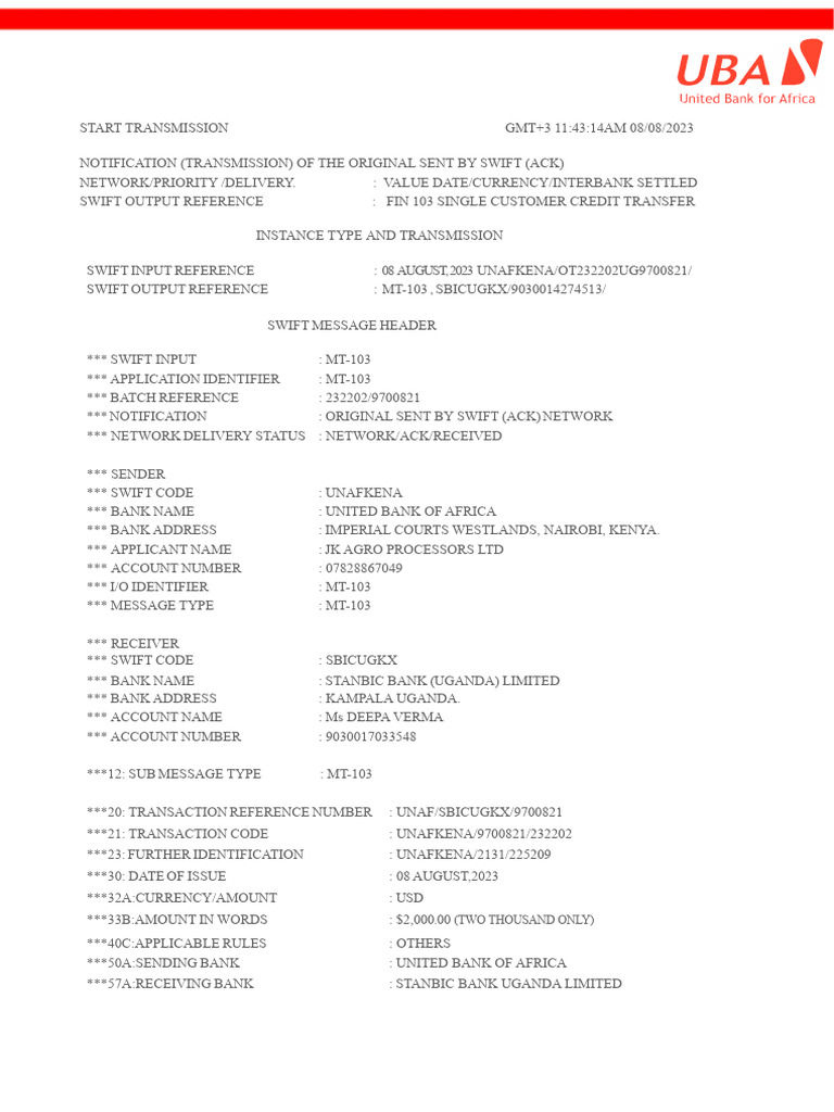 SWIFT MT-103 Transfer Notification | PDF