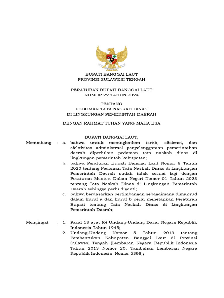 Perbup Tata Naskah Dinas Kab. Banggai Laut No. 22 Tahun 2024 | PDF