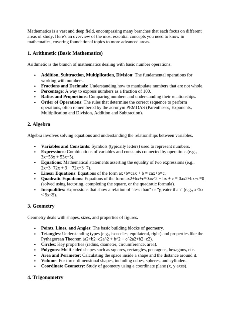 Essential Mathematics Concepts Overview | PDF | Equations | Numbers