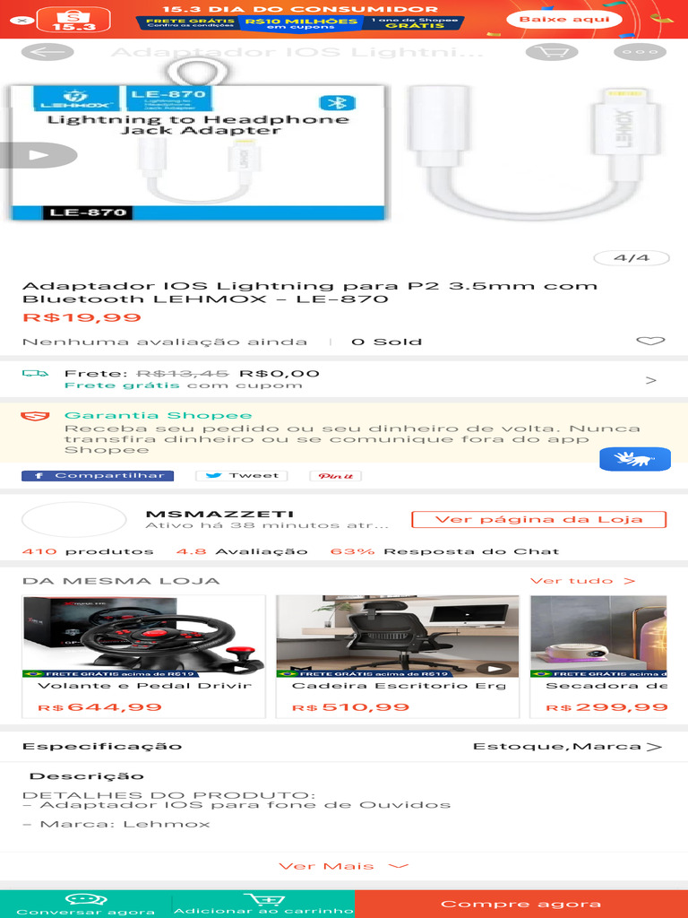 Adaptador IOS Lightning Para P2 3.5mm Com Bluetooth LEHMOX - LE-870 Shopee Brasil | PDF