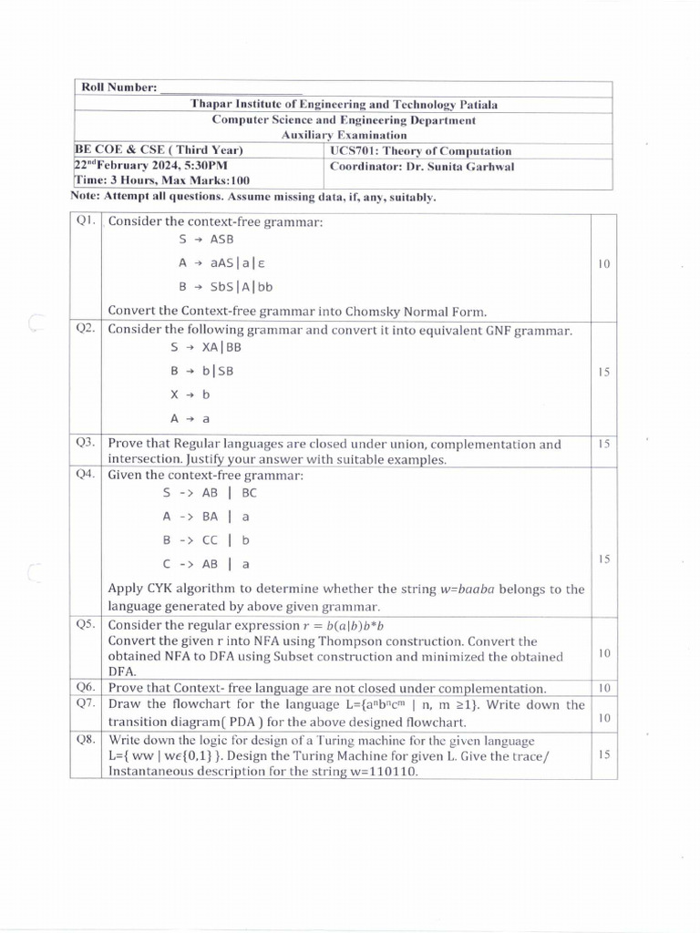 Theory of Computation Exam Paper | PDF