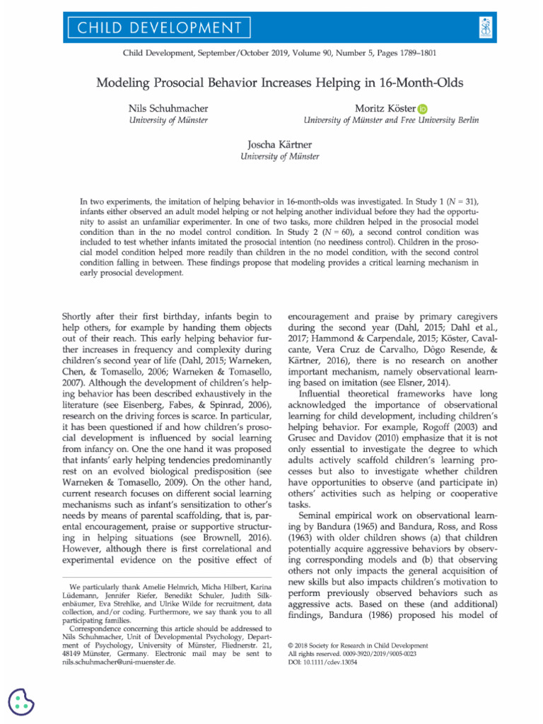 Modeling Prosocial Behavior Increases Helping in 16 Month Olds | PDF