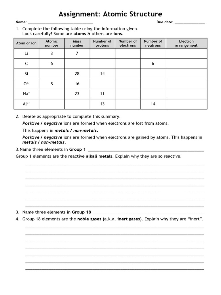 Atomic Structure and Periodic Table Actividad | PDF | Atoms | Chemical ...