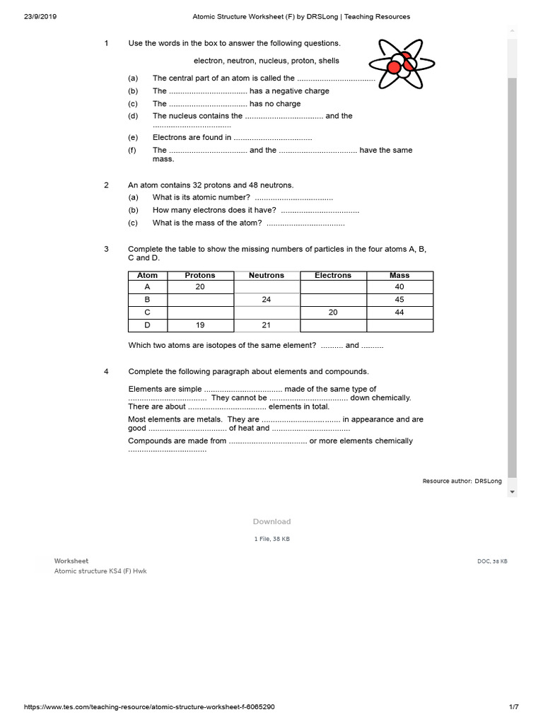 Atomic Structure Worksheet Red | PDF | Atoms | Chemical Elements