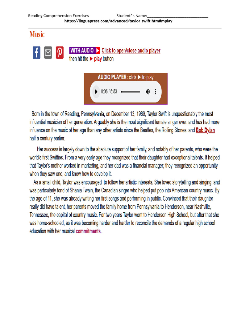 Taylor - Swift - Reading Comprehension With AUDIO | PDF