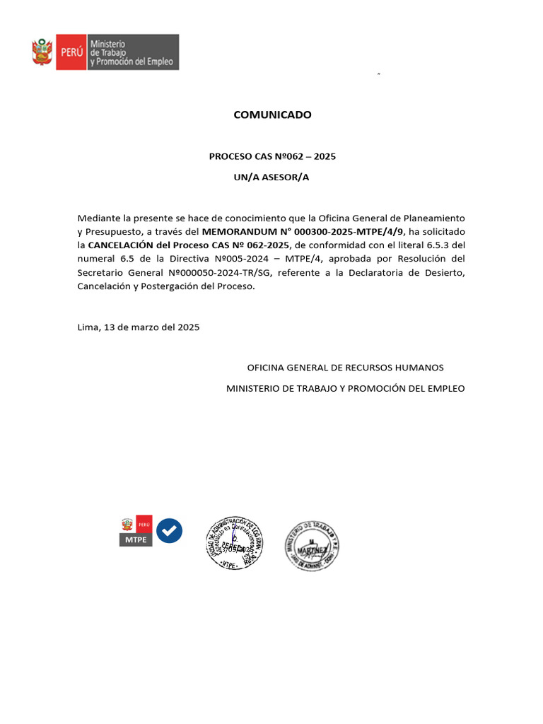 Comunicado - Cancelación Proceso Cas 062-2025 (F) | PDF