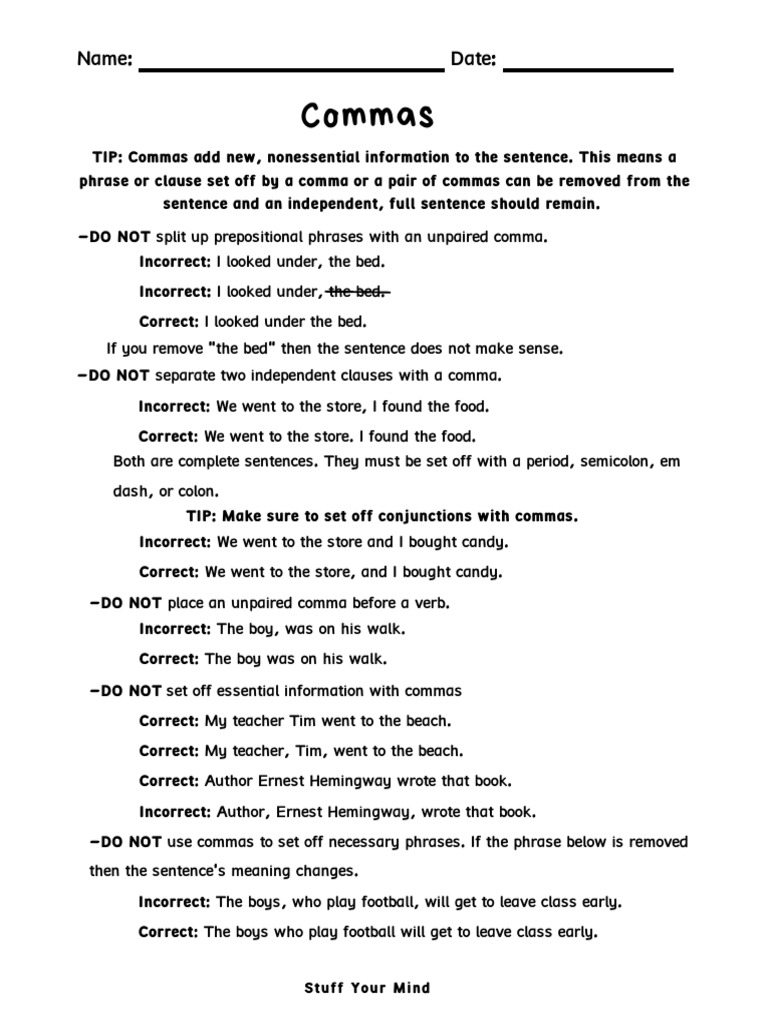 01 - FREEBIE Comma Handout ACT Prep - English Grammar Review | PDF ...