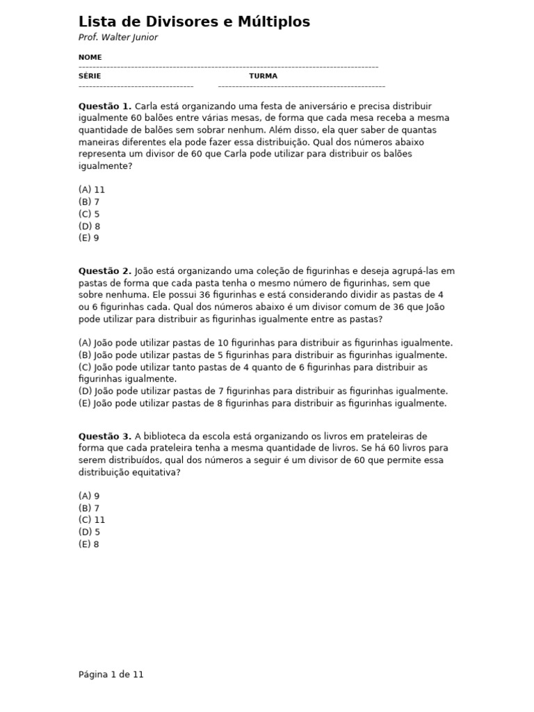 Lista de Divisores e Múltiplos | PDF | Número inteiro | Divisão ...