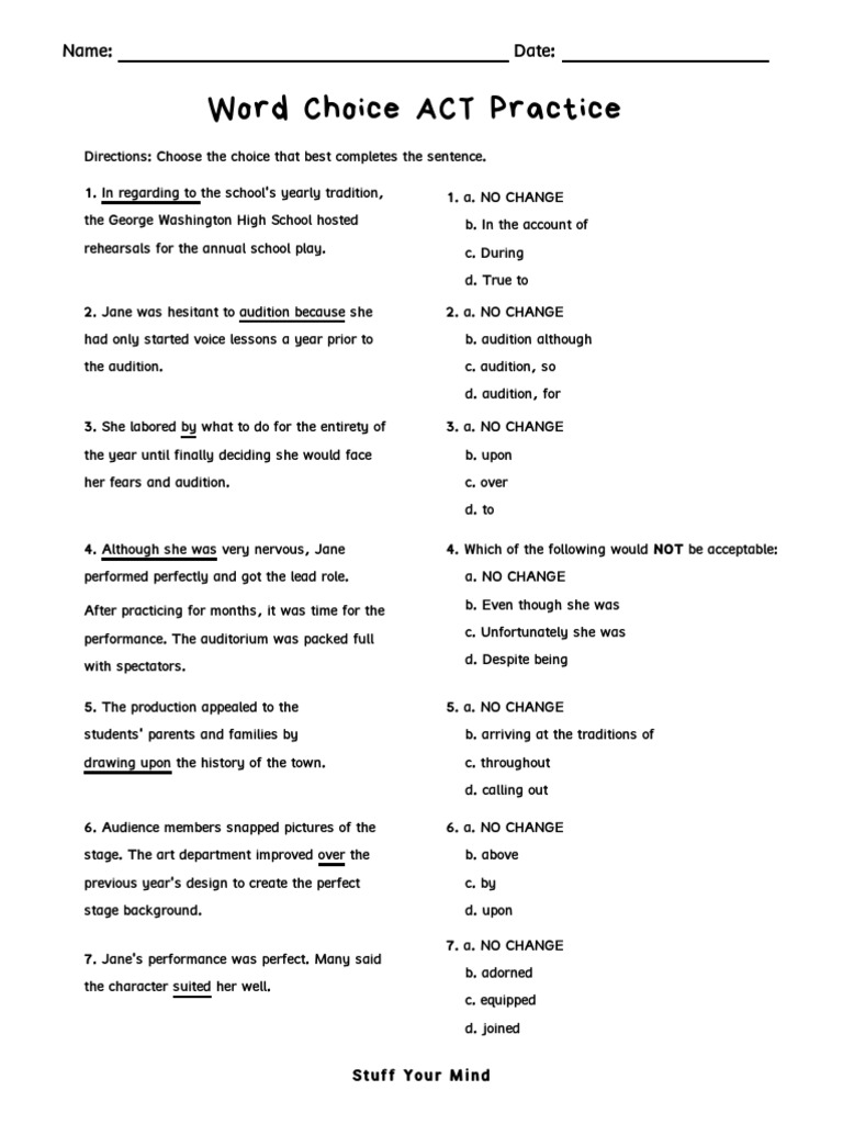 19 - Word Choice ACT Prep Practice - English Grammar Review | PDF