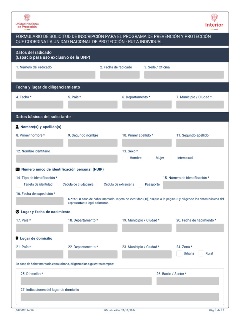 Formulario de Solicitud de Inscripcion para El Programa de Prevencion y Proteccion Que Coordina ...