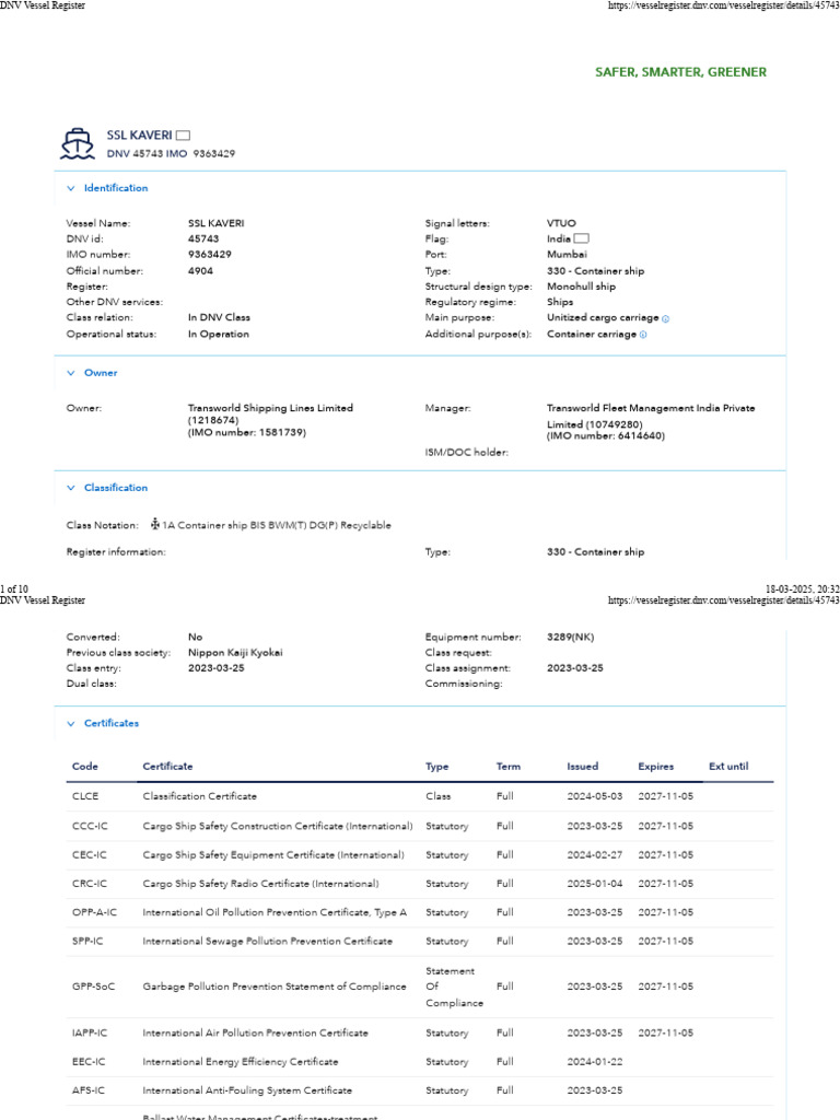 DNV Vessel Register - SSL KAVERI | PDF | Engines | Boiler