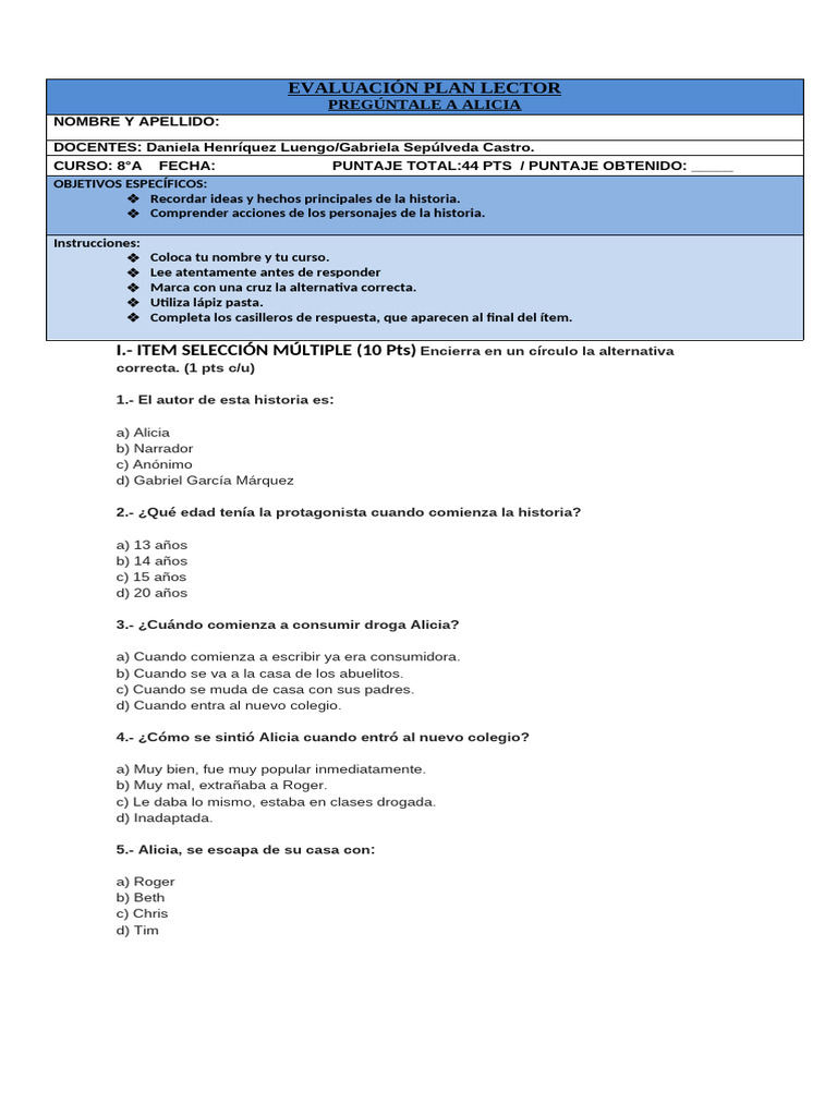 Prueba Preguntale A Alicia | PDF