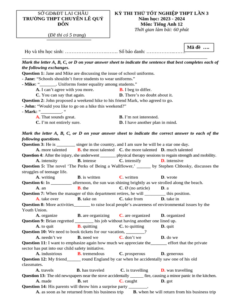 Tieng Anh - de Thi Thu Lan 3 | PDF | Noise | Sound