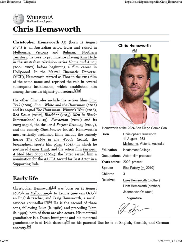 Chris Hemsworth - Wikipedia | PDF