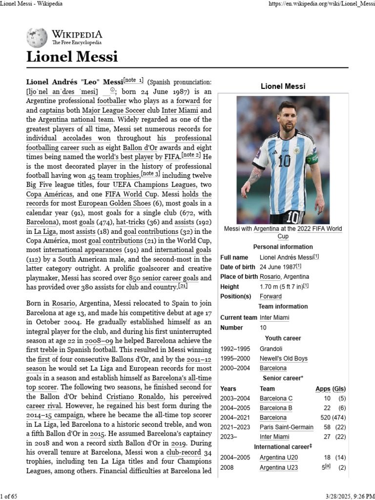 Lionel Messi - Wikipedia | PDF | Lionel Messi | Fc Barcelona