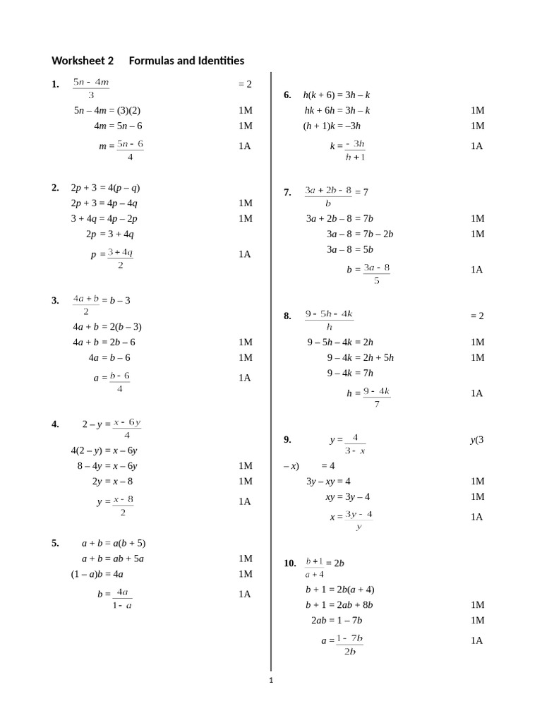 Algebra Formulas and Identities Worksheet | PDF