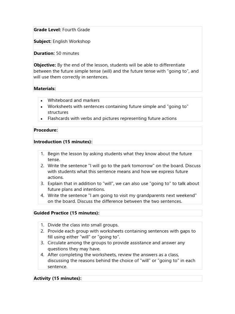 Future Tense in Fourth Grade English | PDF | Grammatical Tense ...