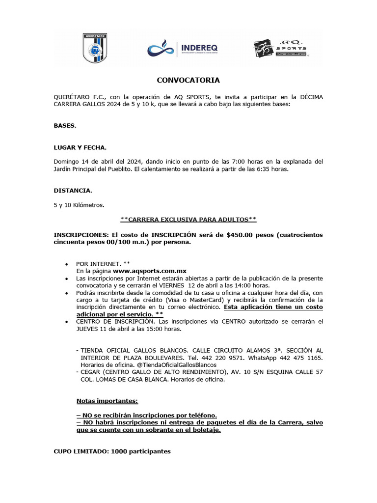 CONVOCATORIA-CARRERA-CLUB-QUERETARO-2024-SLV-pdf | PDF