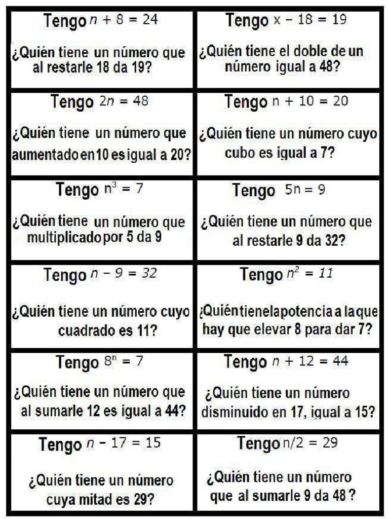 ¿Quien Tiene, Yo Tengo? Algebra | PDF