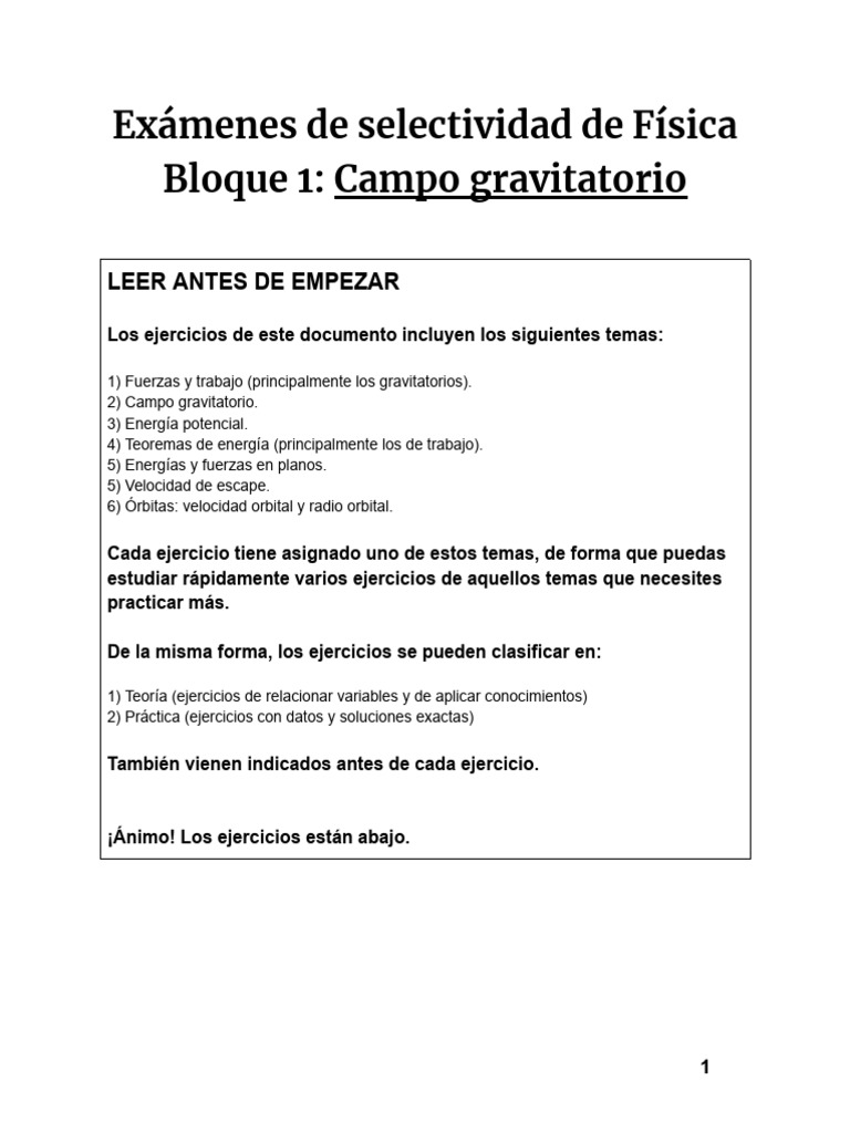 Ejercicios Física Selectividad - Bloque 1 | PDF | Masa | Orbita