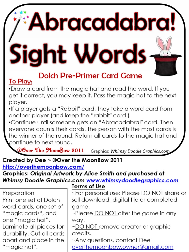 Overthemoonbow - Abracadabra! Dolch Pre-Primer Sight Words Game-Teacher ...