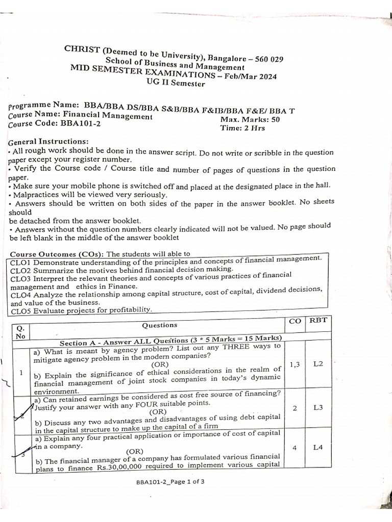 Mid Semester Question Paper BBA 2nd Semester 2024 Christ University Bangalore | PDF
