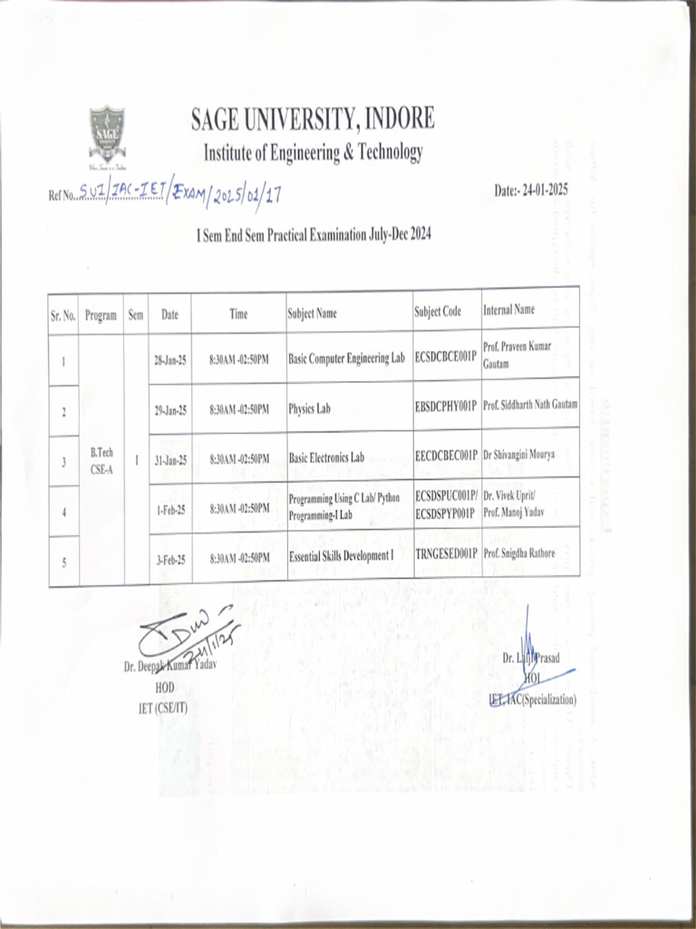 IET I Sem End Sem Practical Exam Time Table Jul Dec 2024 | PDF
