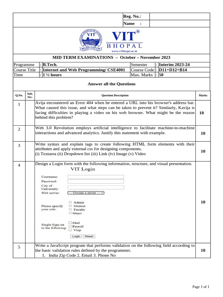 D11 - D12 - B14 - CSE4001 - Internet and Web Programming | PDF