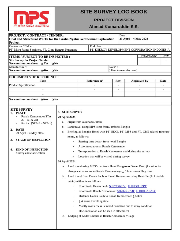 Site Survey Log Book (29 April - 4 May 2024) | PDF
