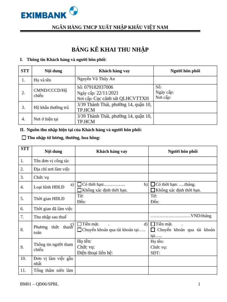 BM01 - QD06.SPBL - BM Bang Ke Khai Thu Nhap | PDF