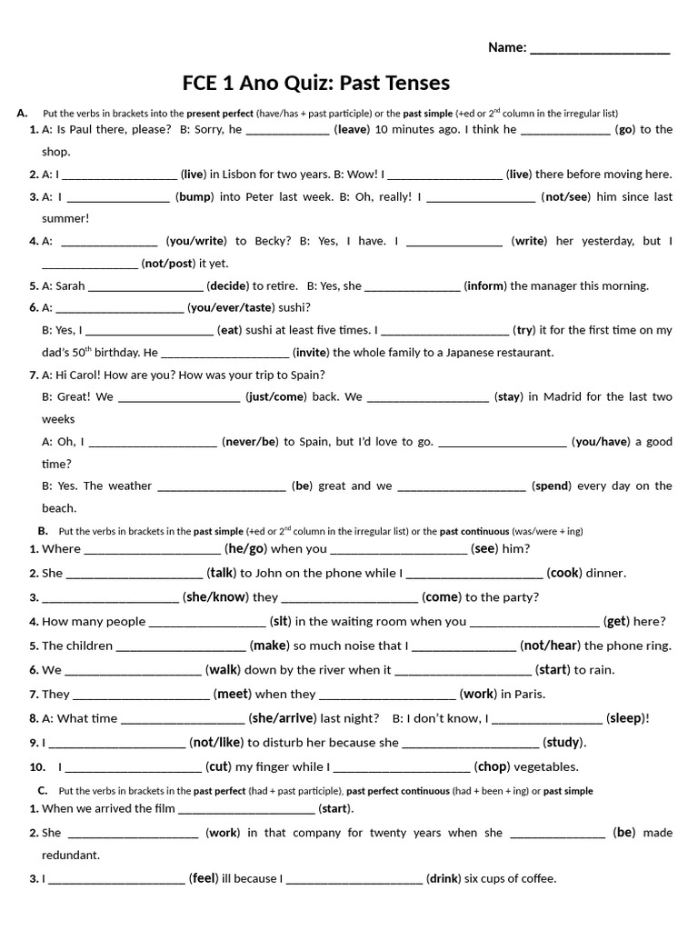 FCE 1 Ano Quiz - Past Tenses (New) | PDF | Grammatical Tense | Verb