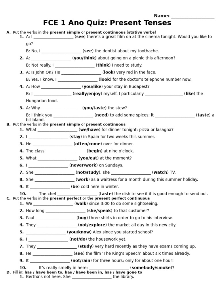 FCE 1 Ano Quiz - Present Tenses (New) | PDF | Grammar | Linguistics