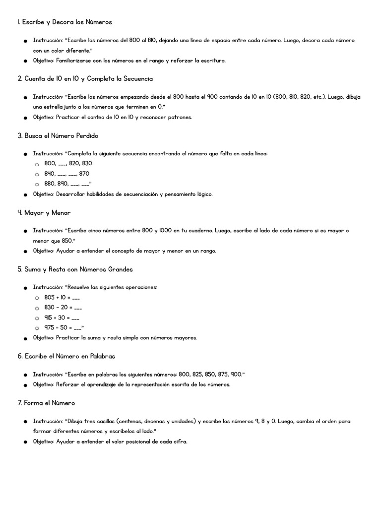 Actividades Educativas con Números 800-900 | PDF