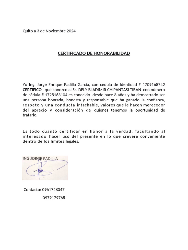 Certificado Honorabilidad Dely | PDF