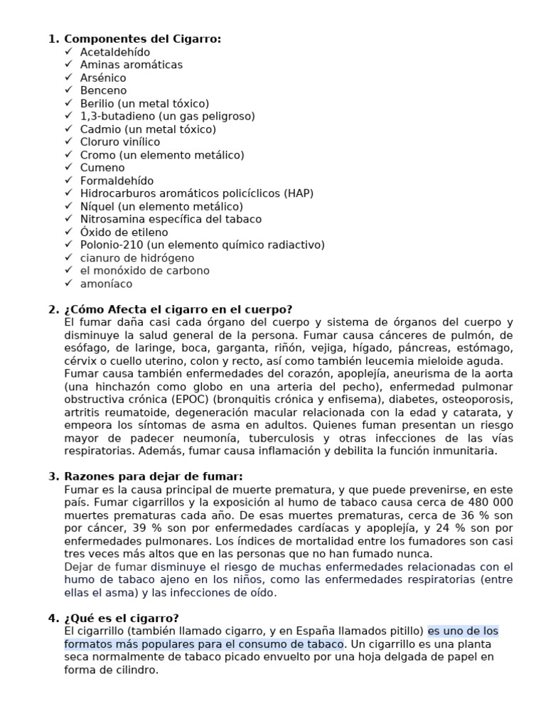Componentes Del Cigarro | PDF | De fumar | Cigarrillo