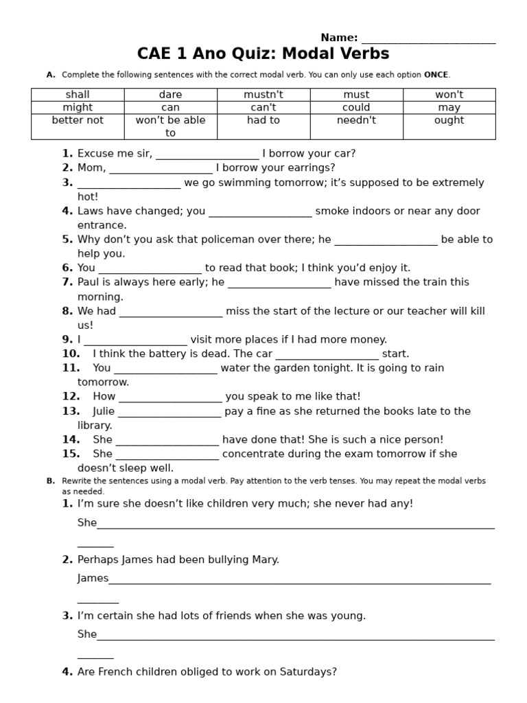 CAE 1 Quiz: Mastering Modal Verbs | PDF | Verb | Linguistic Morphology