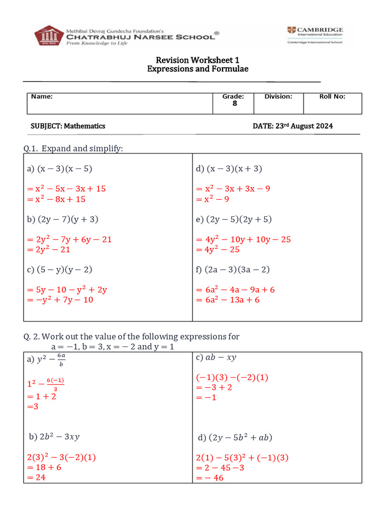 Math Revision Worksheet: Expressions & Formulas | PDF | Mathematics