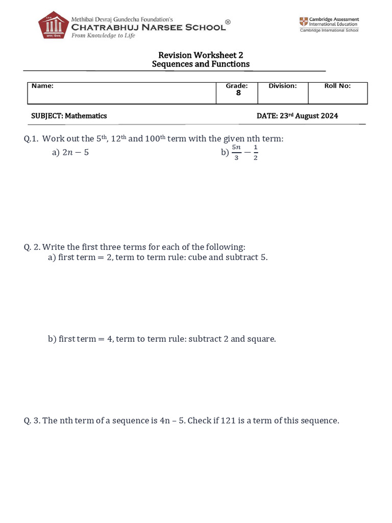 Gr.8 Math Revision Worksheet 2 CA1 CNS Pune | PDF